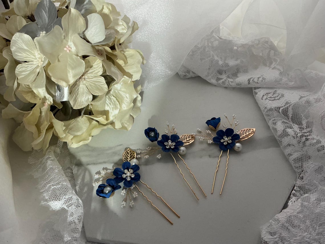 Royal Blue Flower Hair Pin, Royal Blue Flower and Gold Leaf Bridal Pins ...