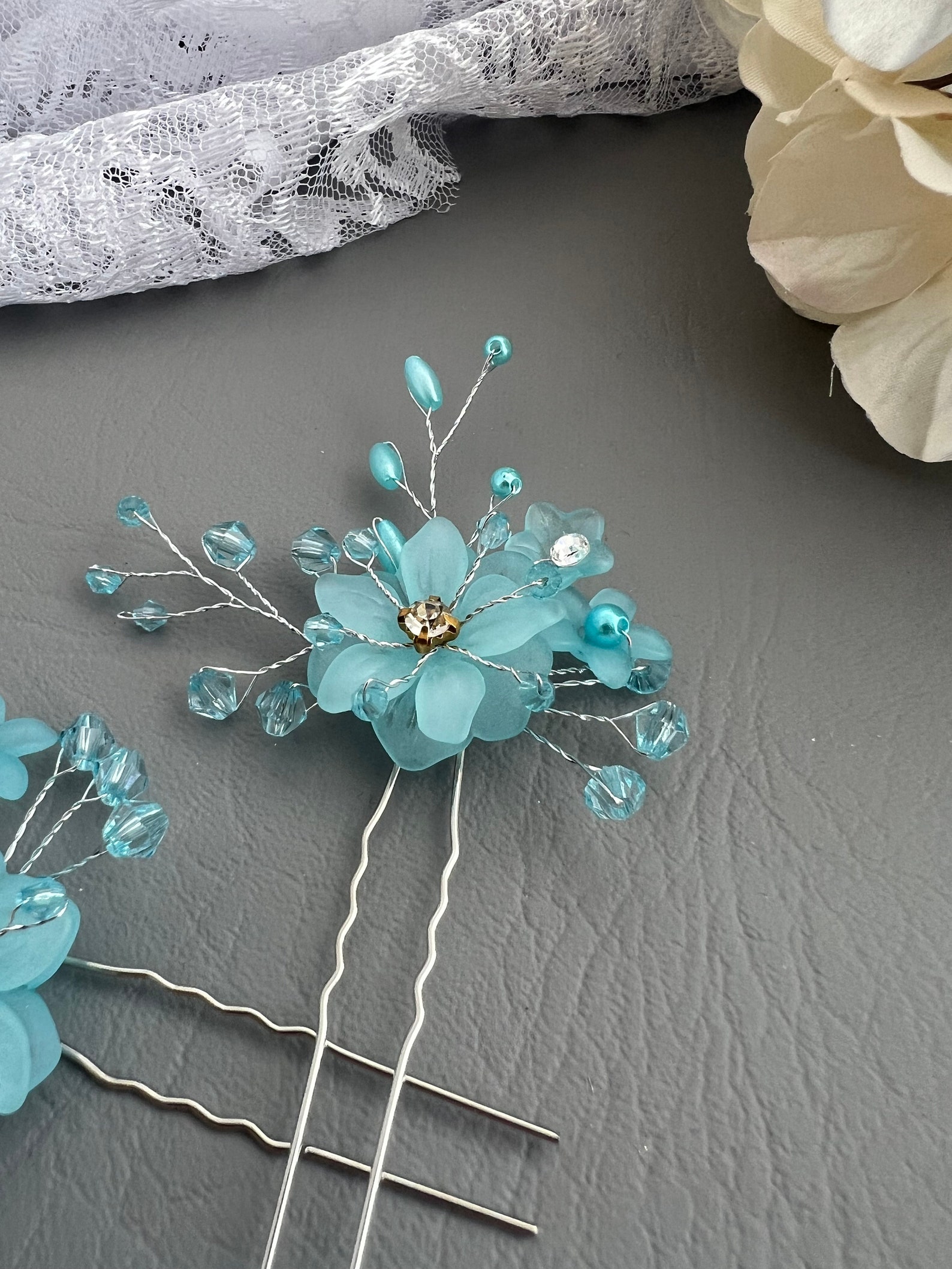 Blue Flower Hair Pieces Pearls and Rhinestones, Bridal Turquoise Hair ...