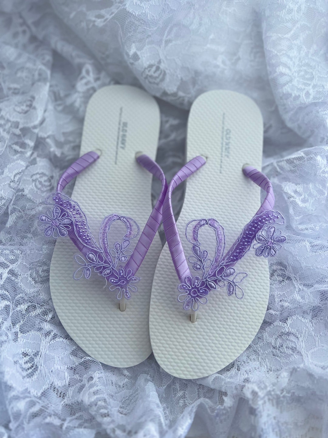 Lavender Lace Bridal Flip Flops, Pearl Wedding Sandals - Etsy