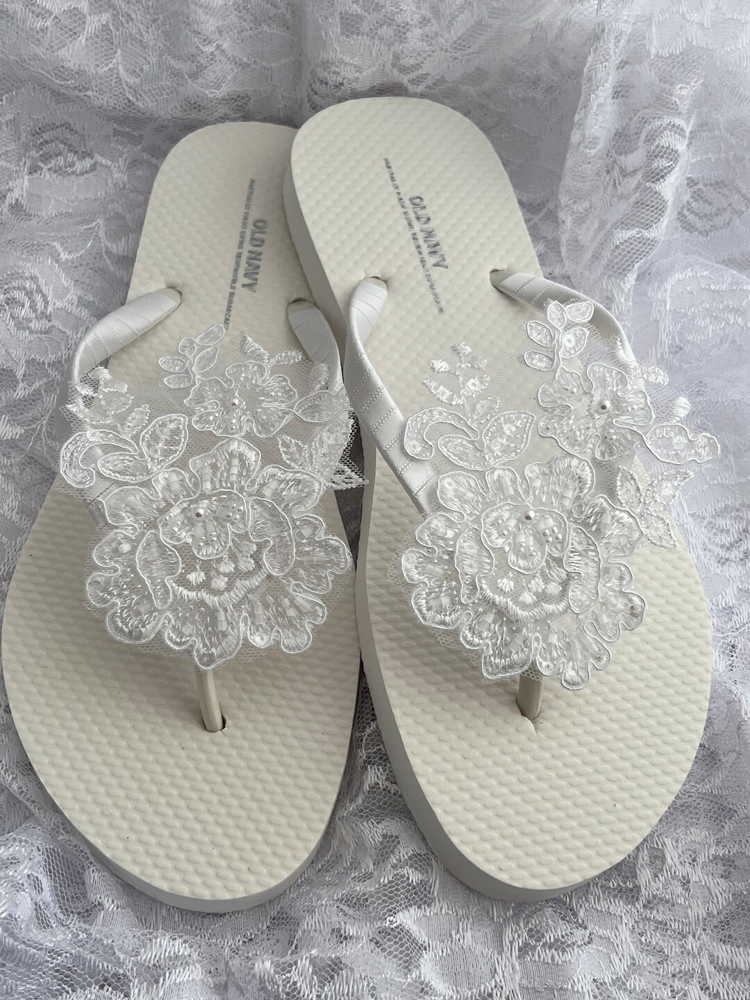 White Beaded Lace Bridal Flip Flops, White Lace Flip Flops, White ...