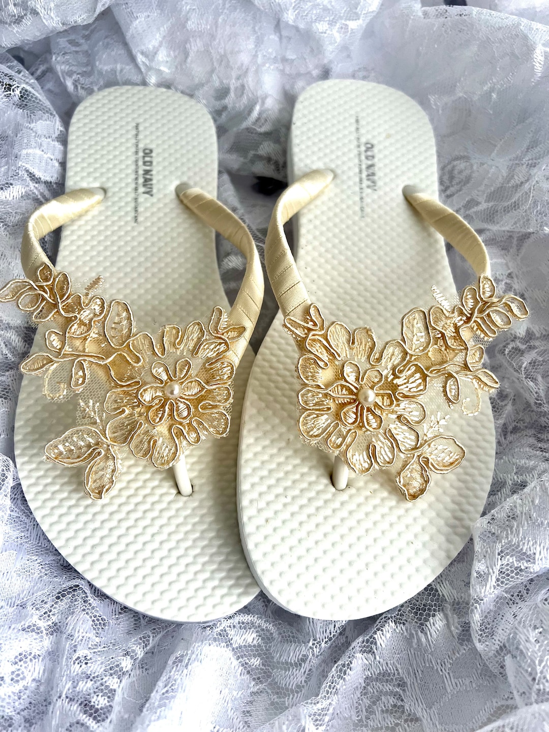 Caramel Lace Flip Flop, Beaded Lace Bridal Sandals, Beach Wedding ...