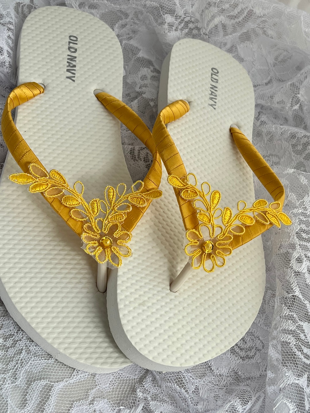 Yellow Lace Flip Flop, Beaded Lace Bridal Sandals, Beach Wedding ...