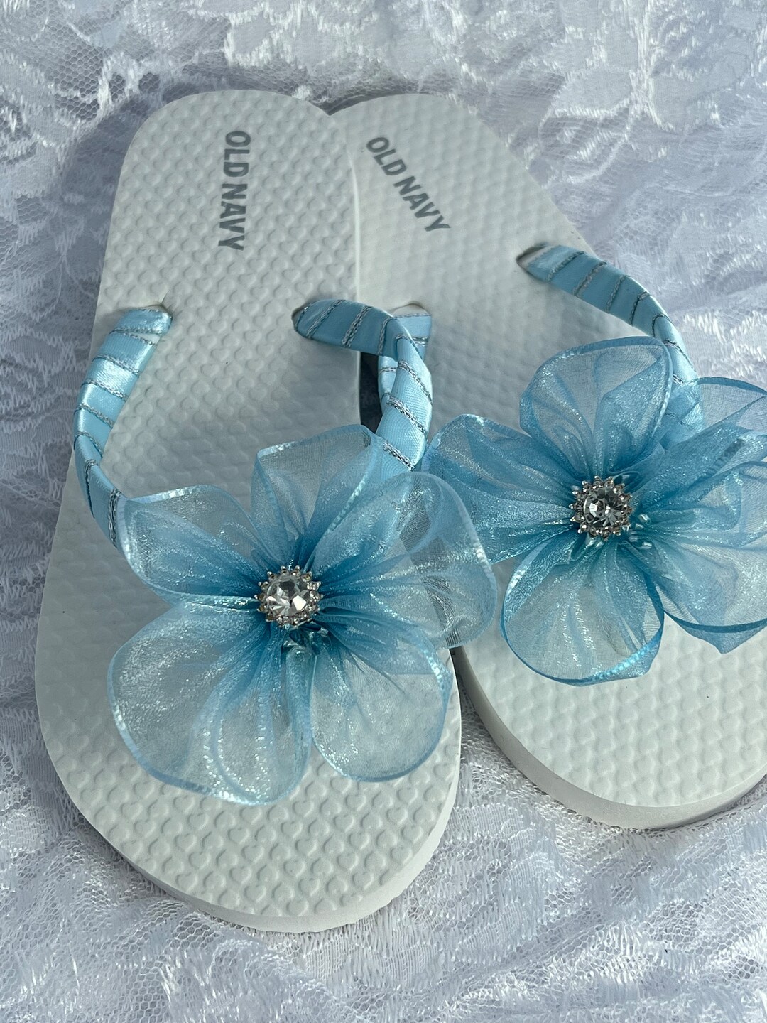 Blue and Silver Bridal Flip Flop, Flower Girl Blue Sandals, Beach ...