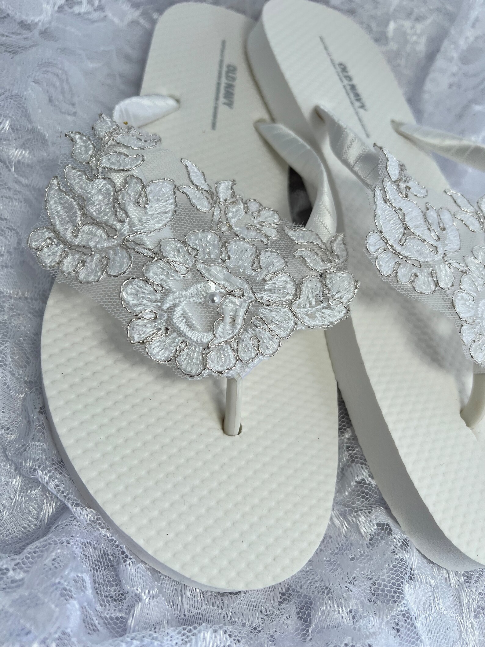 White and Silver Lace Bridal Flip Flops, White Lace With Pearls and ...