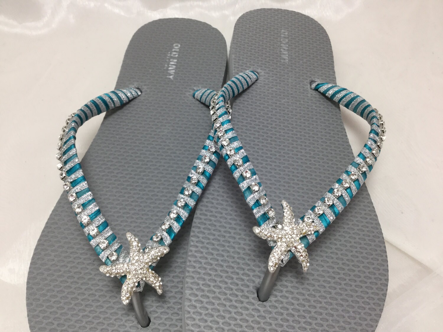 Starfish Silver Bridal Flip Flops, Oasis Blue, Teal Blue Bridal Sandals ...