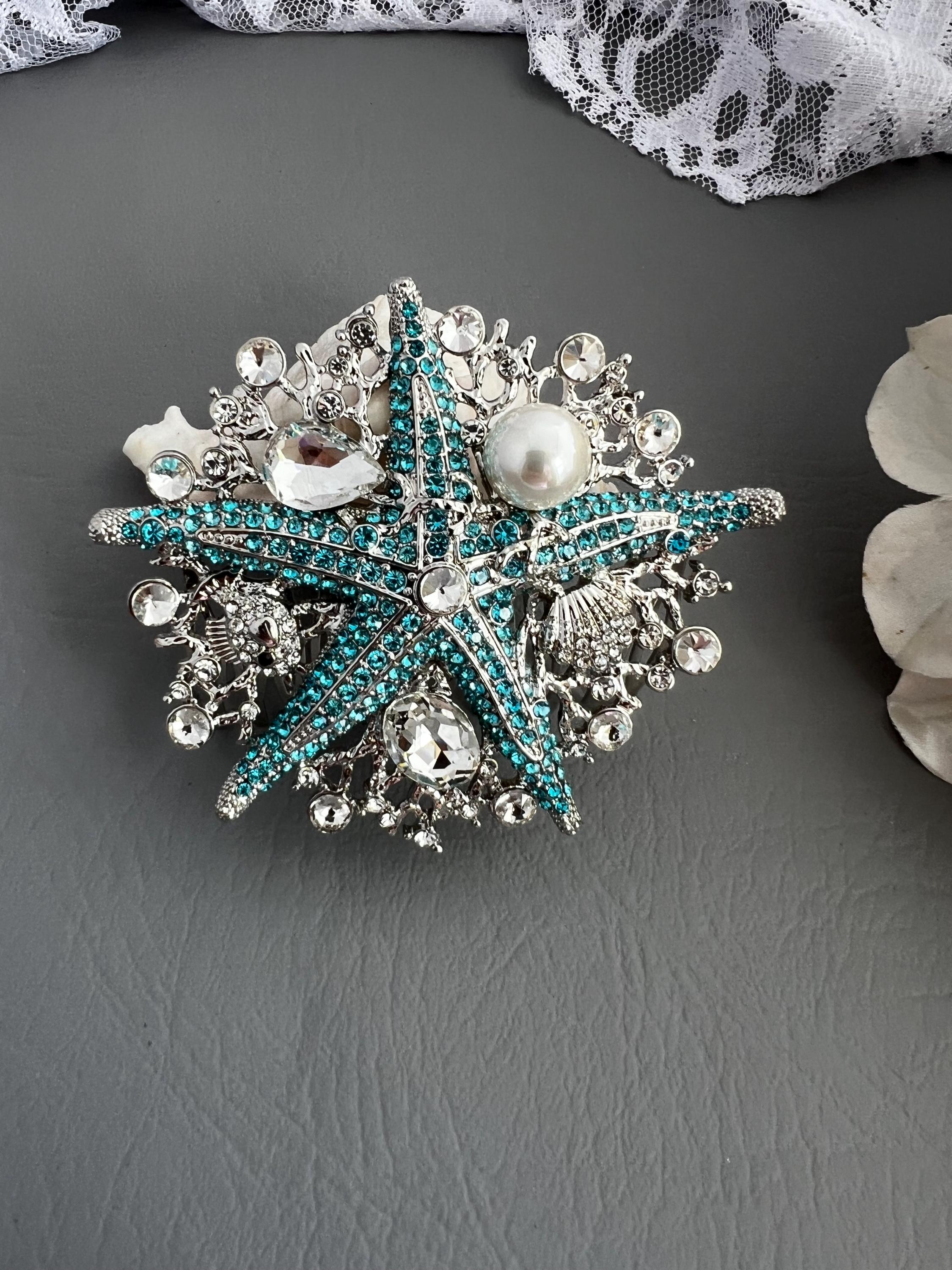 Turquoise Starfish With A Pearl Hair Comb, Ocean Hair Comb, Turquoise ...