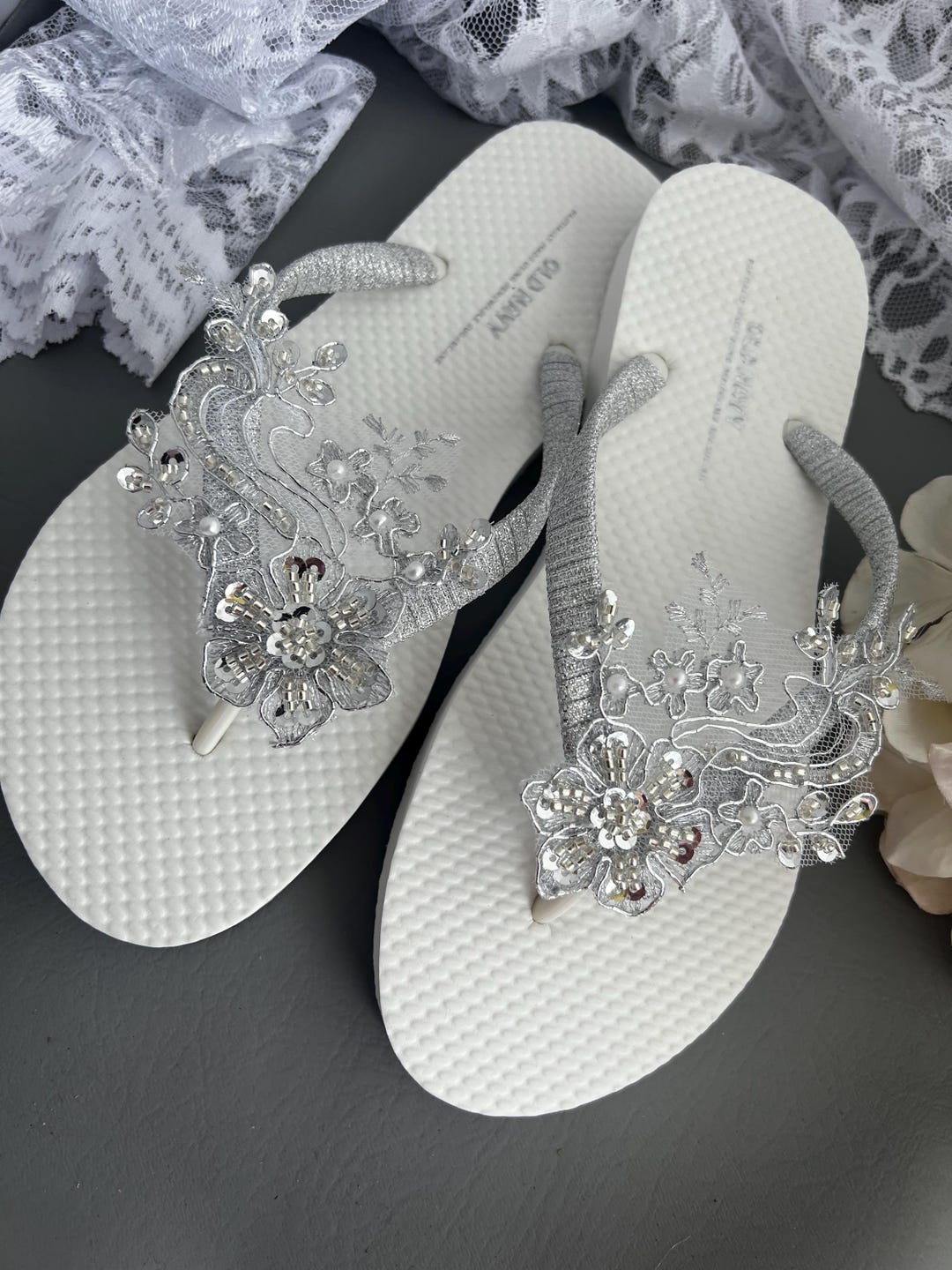 Silver Beaded Bridal Flip Flops, Silver Flower Flip Flops, Silver ...