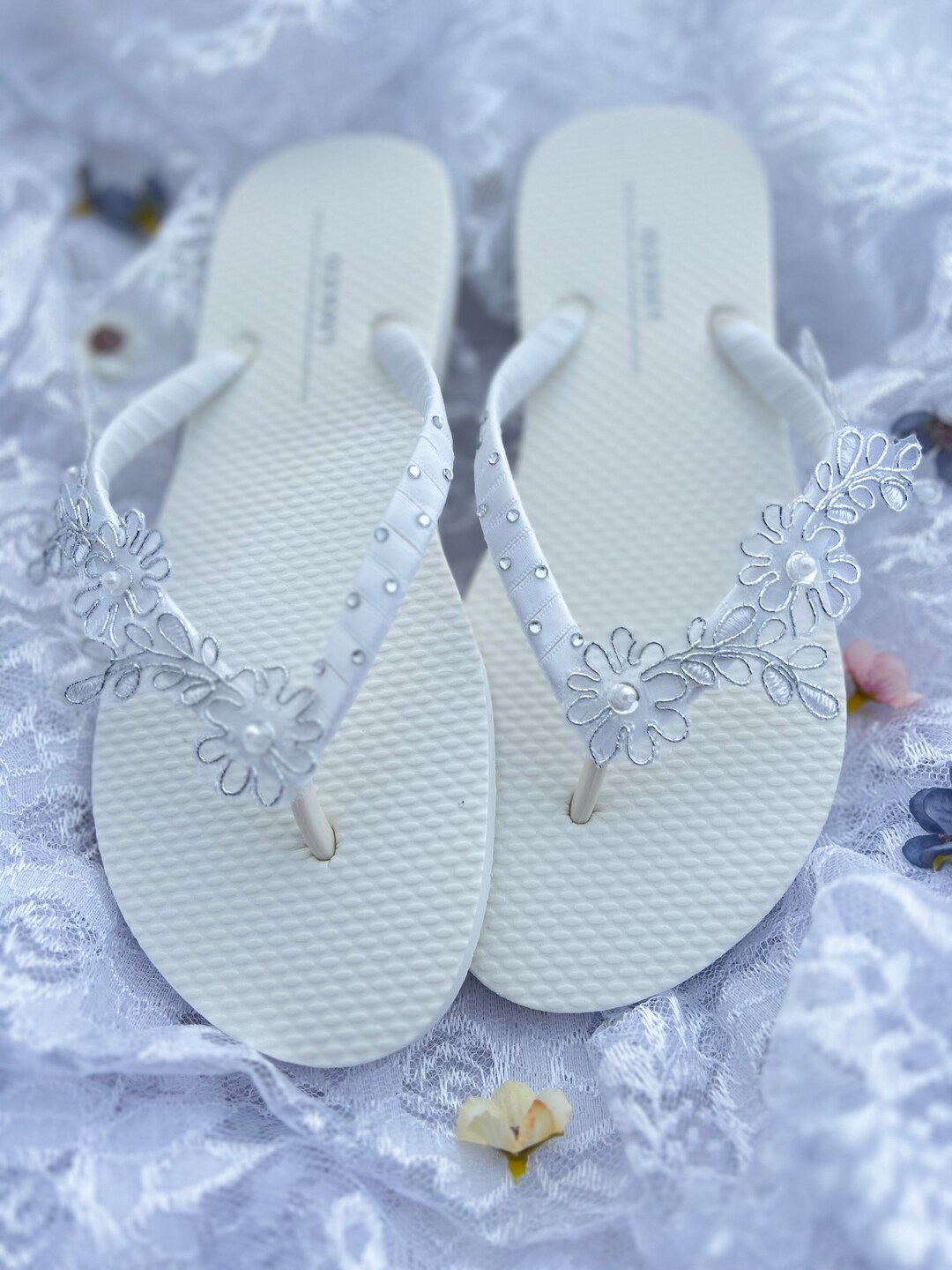 White Lace Flip Flop, Bridal Sandals, Lace Pearl Wedding Sandals, Beach ...
