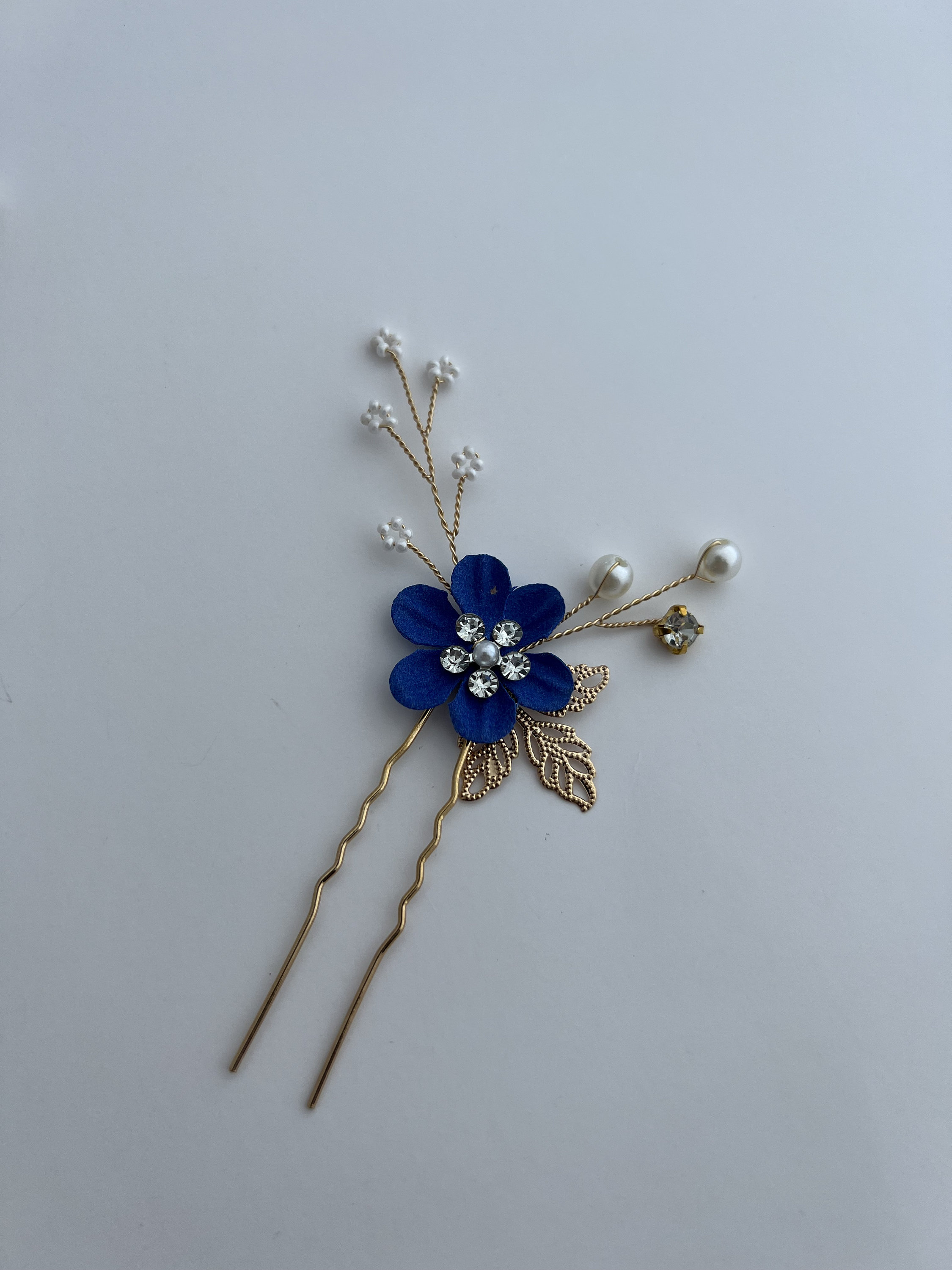 Royal Blue Flower Hair Pin, Royal Blue Flower and Gold Leaf Bridal Pins ...