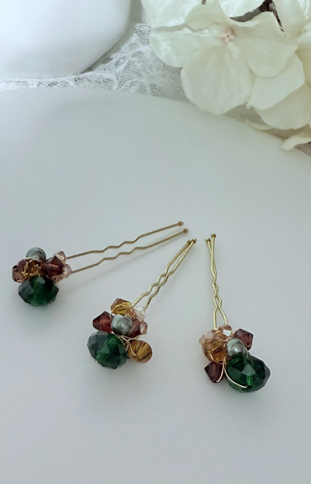 Green Pearl & Amber Crystal Hair Pins - Set of Three - Etsy