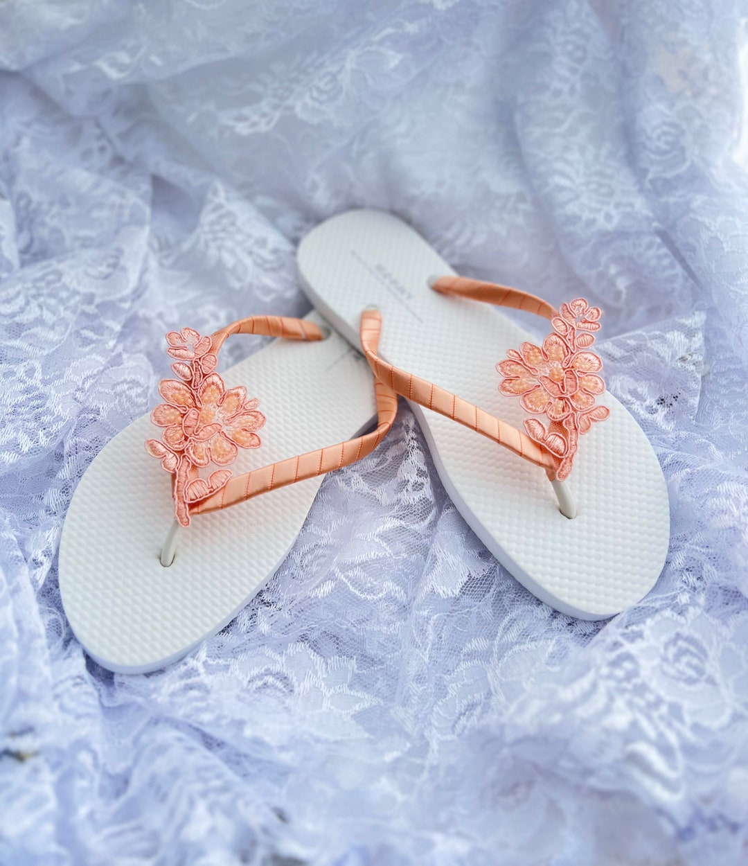 Peach Lace Flip Flop, Bridal Sandals, Lace Beaded Peach Wedding Sandals ...