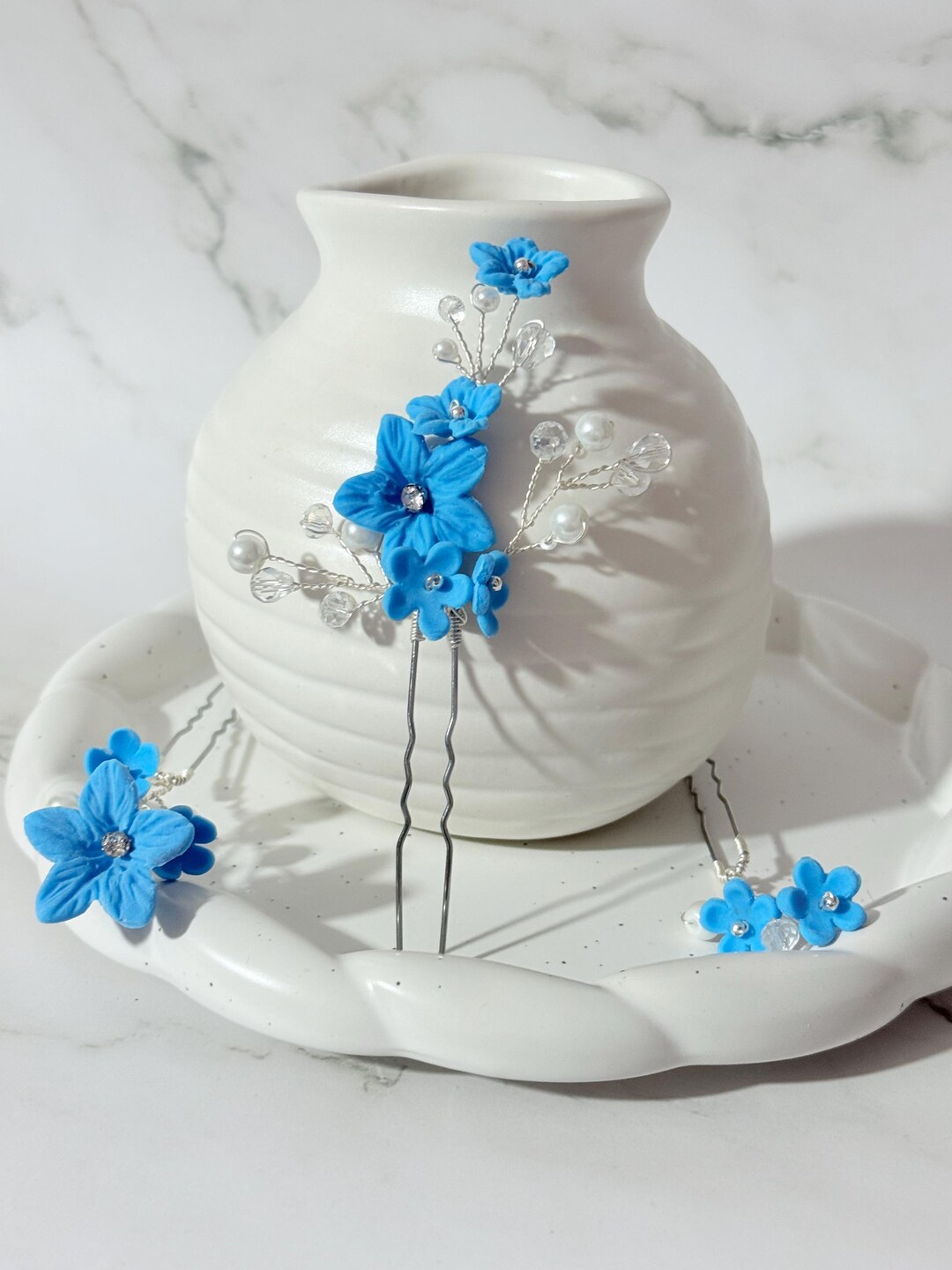 Blue Cold Porcelain Flower Hair Pins: Bridal Hair Accessory, Set of 3 ...
