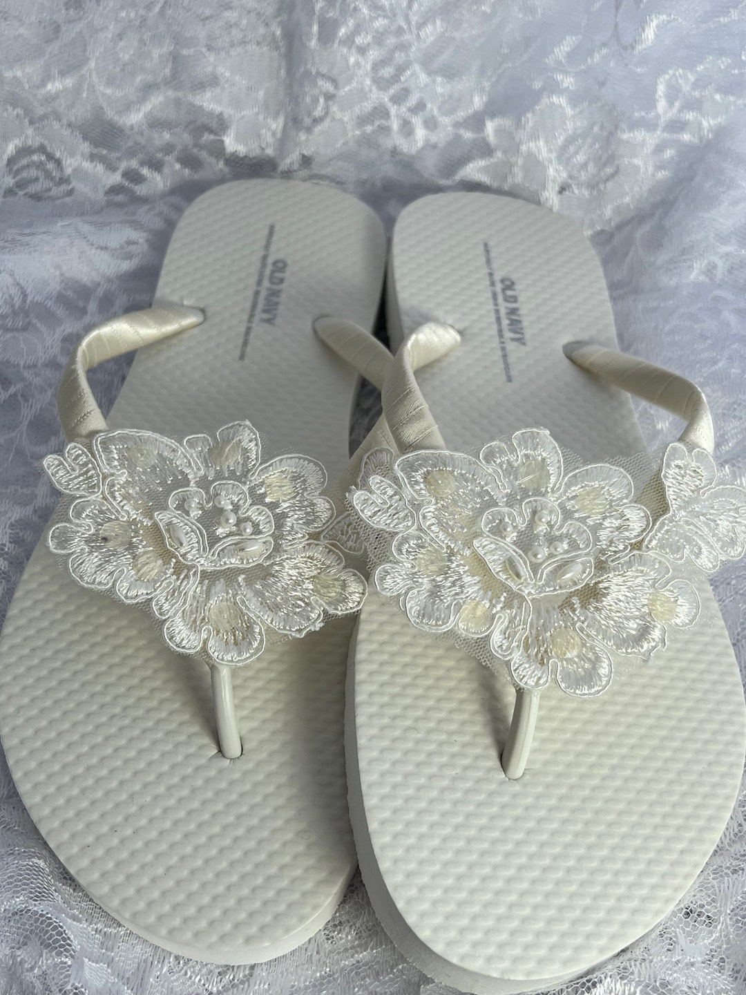 Bridal Ivory Lace Flip Flop, Beaded Lace Bridal Sandals, Beach Wedding ...