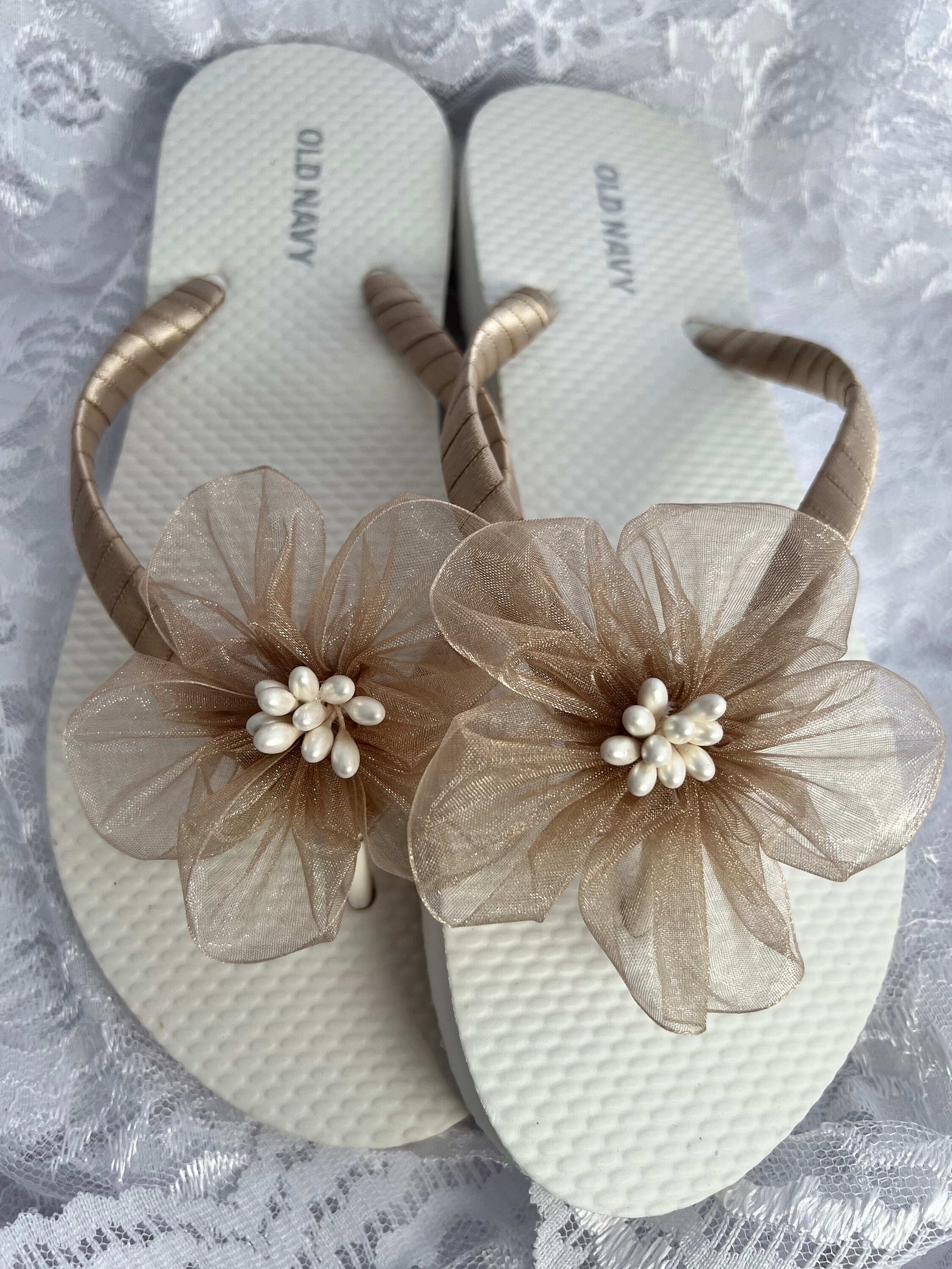 Toffee Organza Flower Bridal Flip Flop, Toffee Flower Bridal Sandals ...