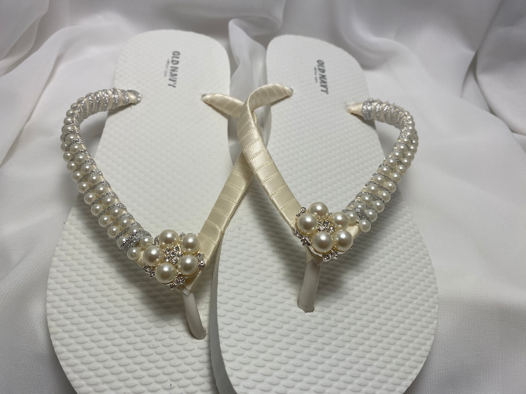 Bridal Ivory Pearl Flip Flops, Wedding Flip Flops, Ivory and Silver ...