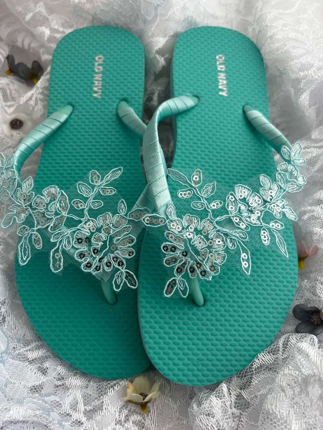 Aqua Bridal Flip Flops, Bride Lace Flip Flops, Bridesmaid Flip Flops ...