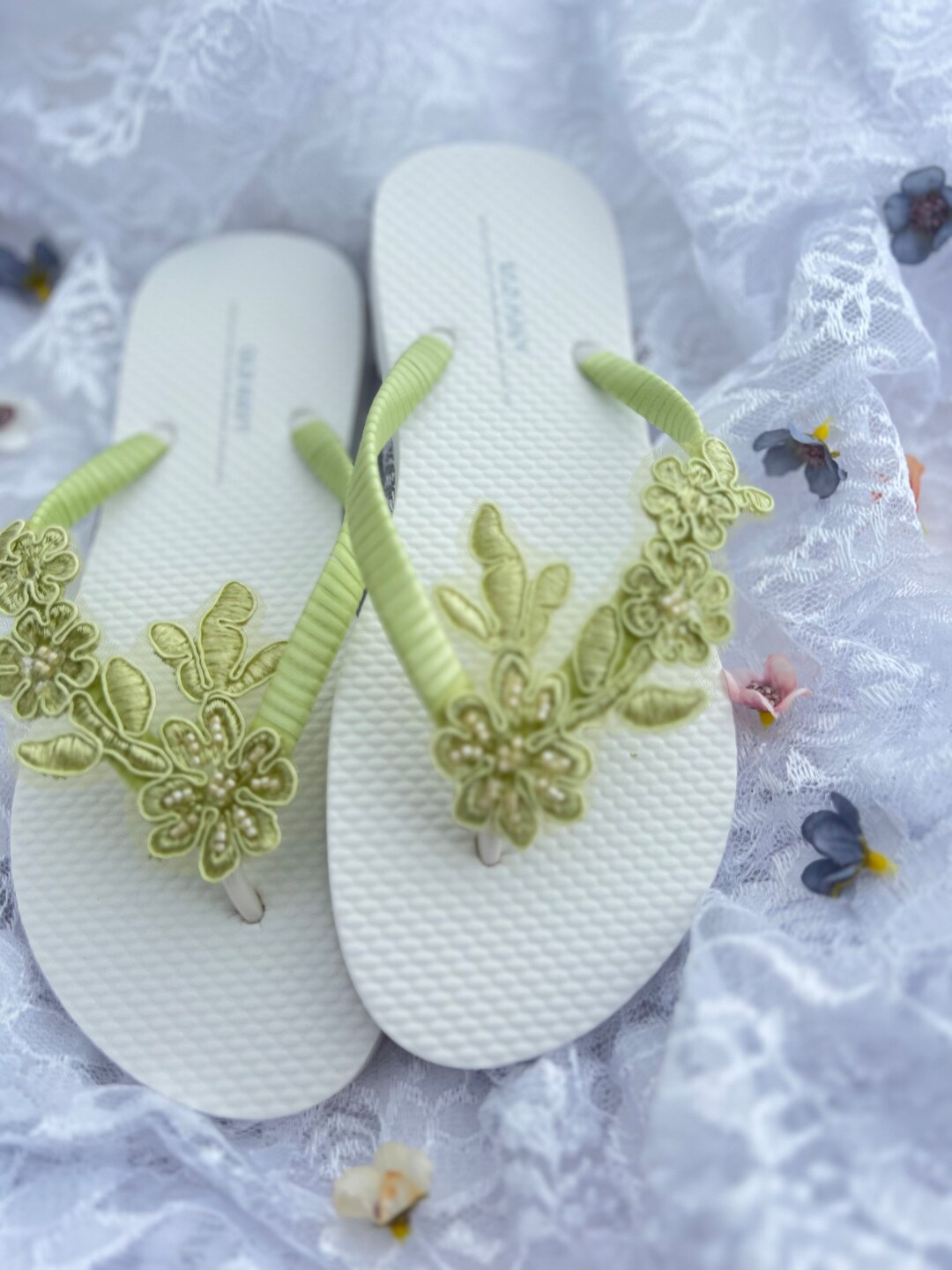 Light Green Lace Flip Flop, Bridal Sandals, Lace Beaded Periot Wedding ...