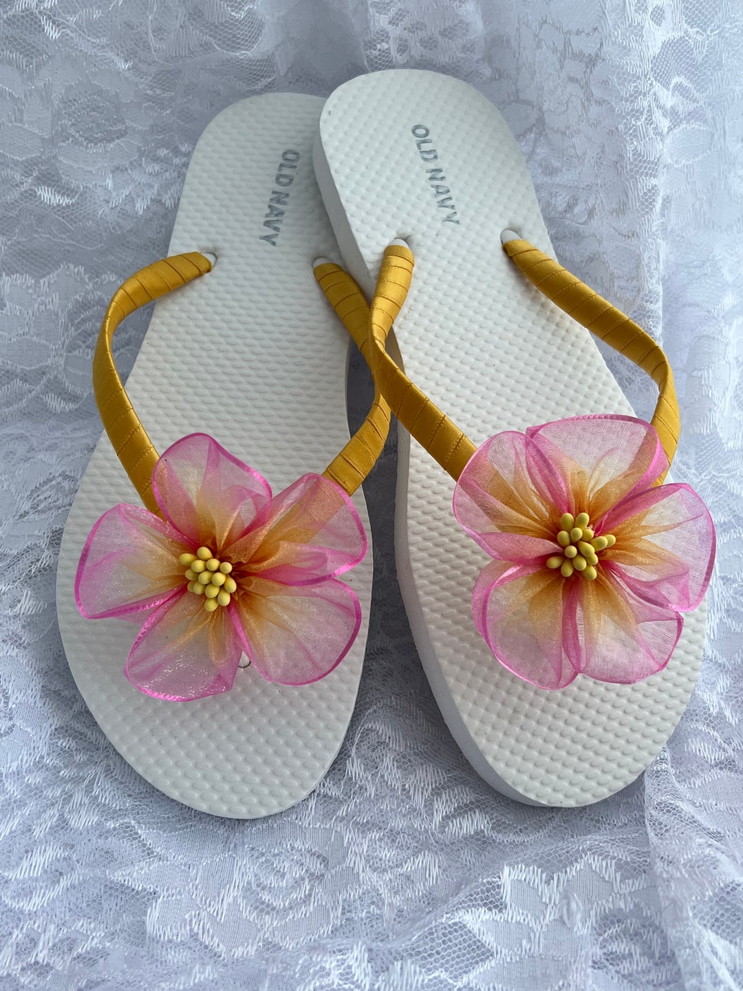 Gold/pink Organza Flip Flops, Mustard Yellow Organza Flower Flip Flops ...