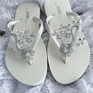 White Beaded Lace Flip Flop Bridal Sandals, Wedding Sandals, Beach ...