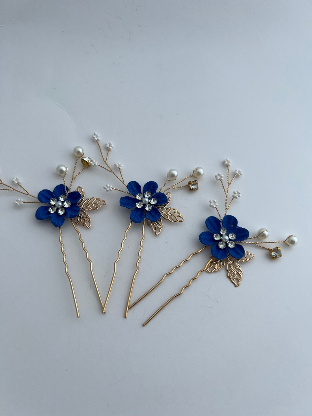 Royal Blue Flower Hair Pin, Royal Blue Flower and Gold Leaf Bridal Pins ...