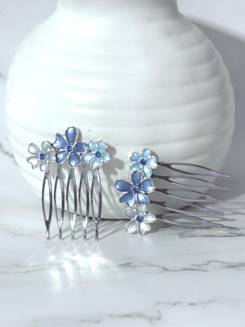 Blue Enamel Flower Hair Comb Set: Bridal Wedding Hair Accessory, Forget ...
