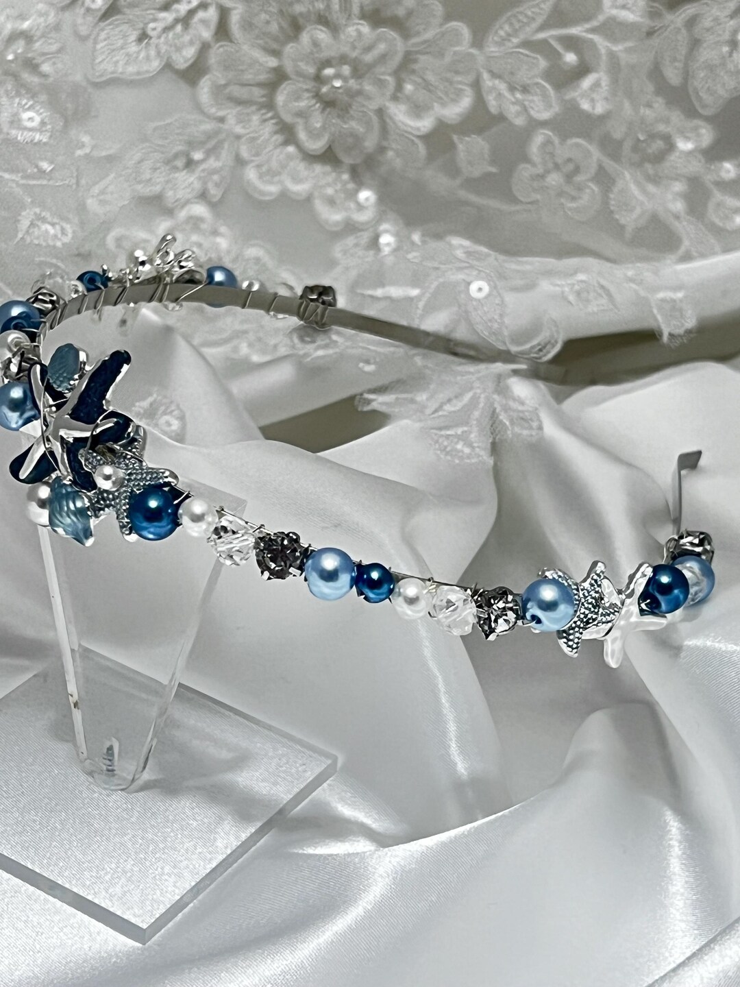 Bridal Blue Starfish Headpiece, Wedding Blue and Silver Starfish ...