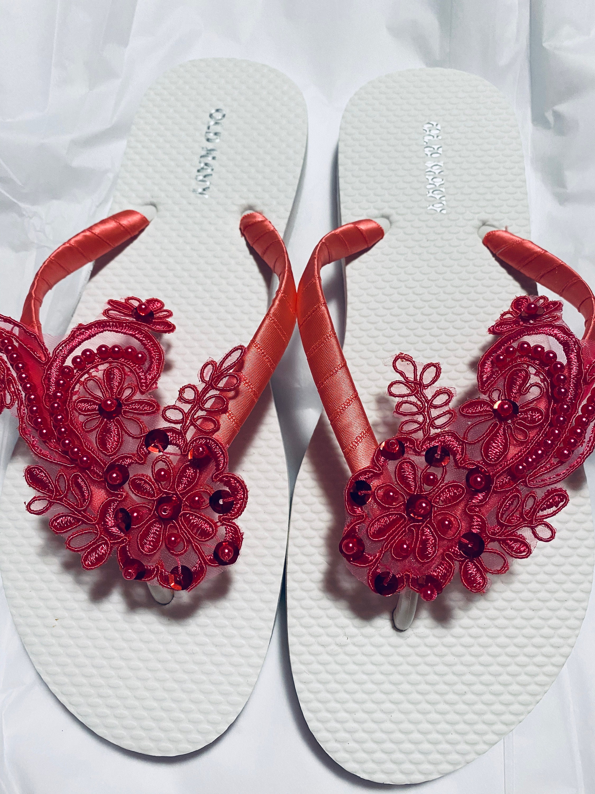 Coral Bridal Flip Flop, Beaded Lace Bridal Sandals, Beach Wedding ...