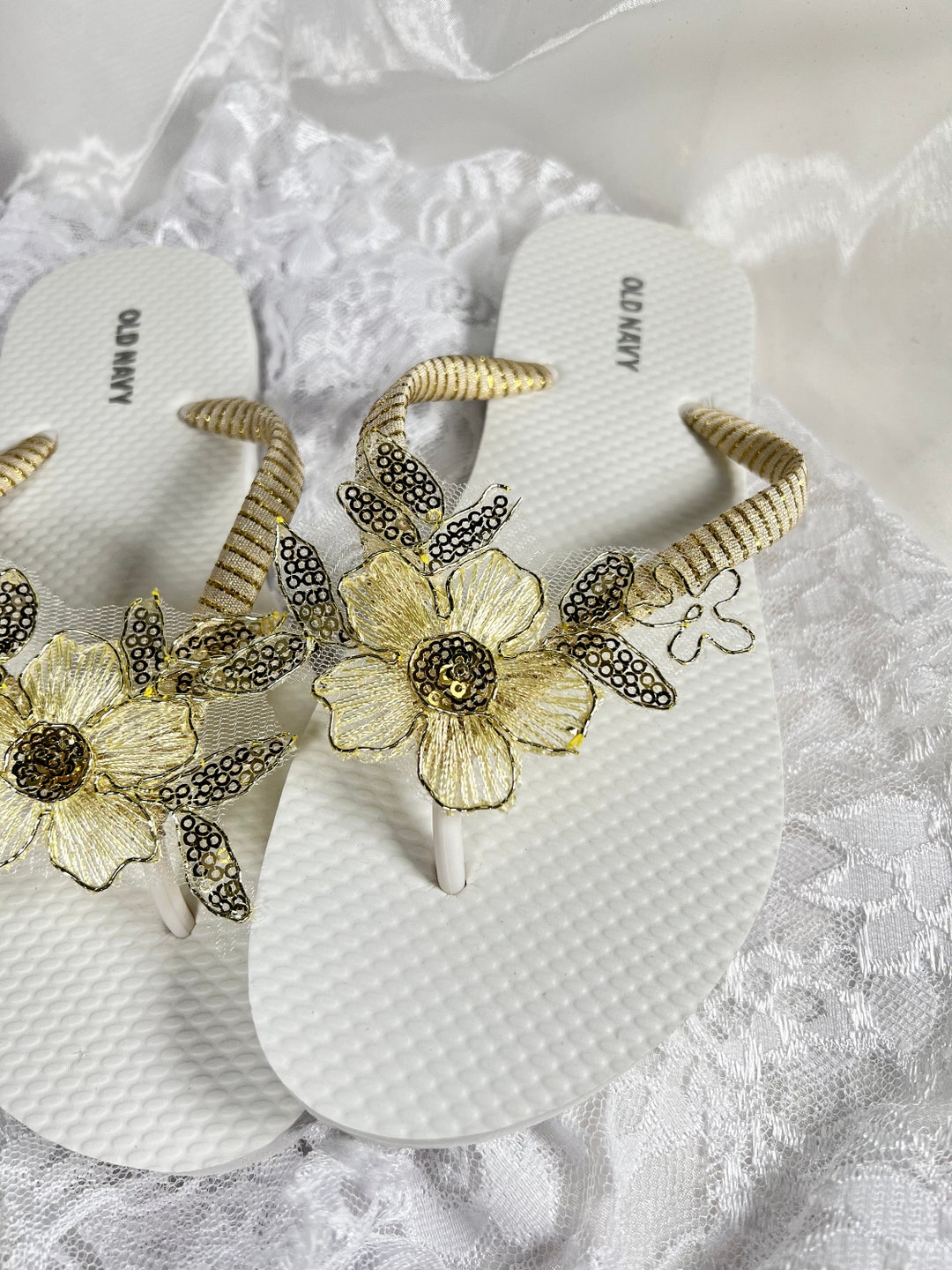 Gold Lace Bridal Flip Flops: Iridescent Wedding Sandals - Etsy