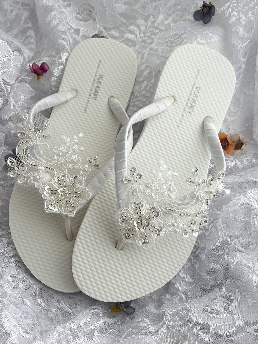 White Lace Bridal Flip Flops, White Lace With Pearls and Sequins Flip ...