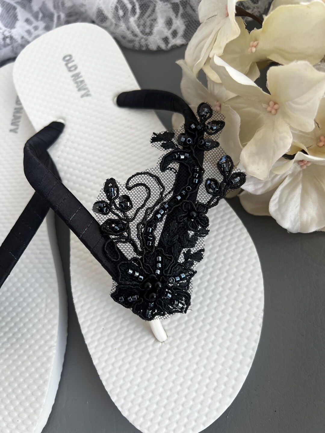 Black Beaded Lace Bridal Flip Flops, Wedding Sandals - Etsy