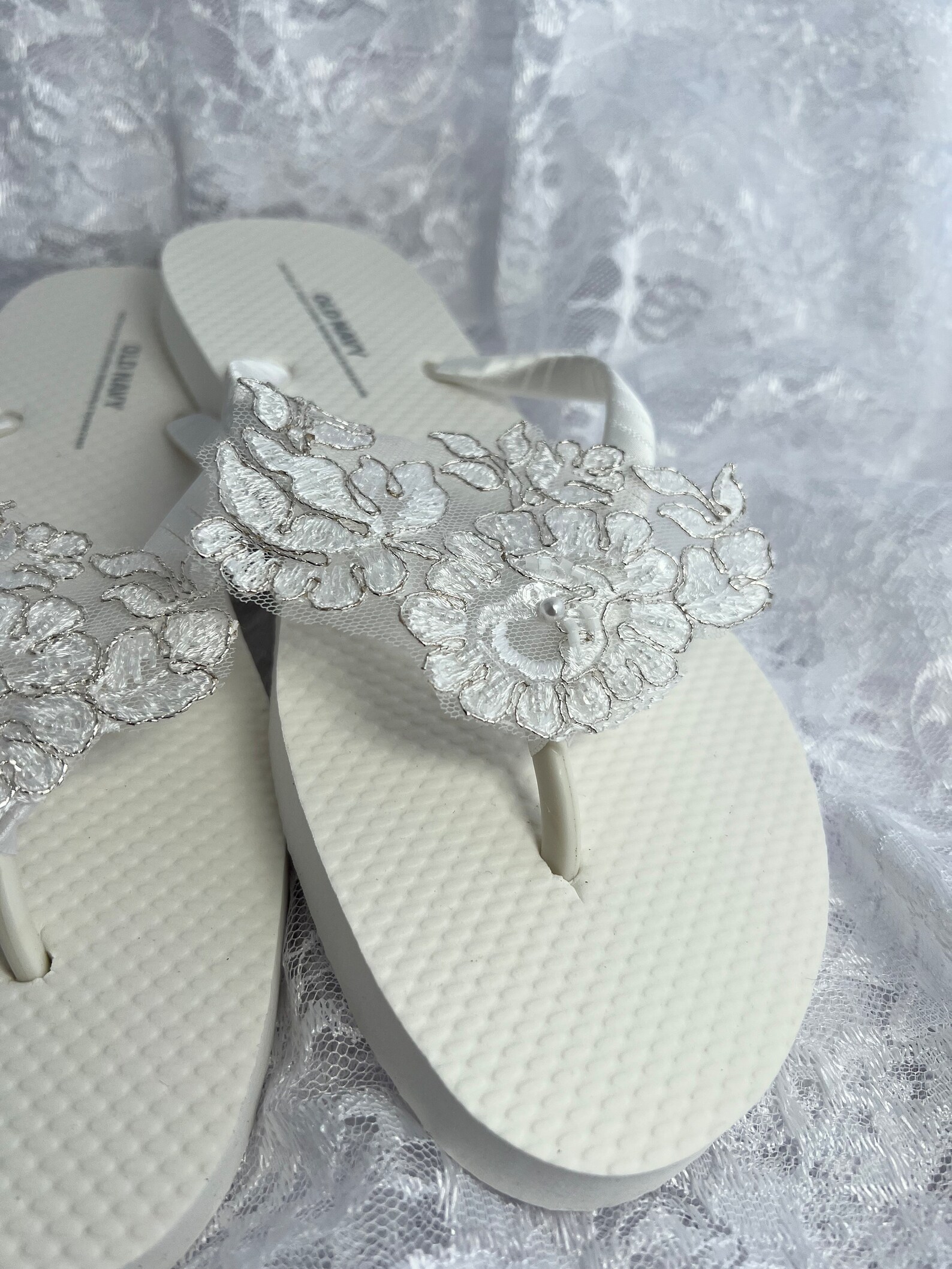 White and Silver Lace Bridal Flip Flops, White Lace With Pearls and ...