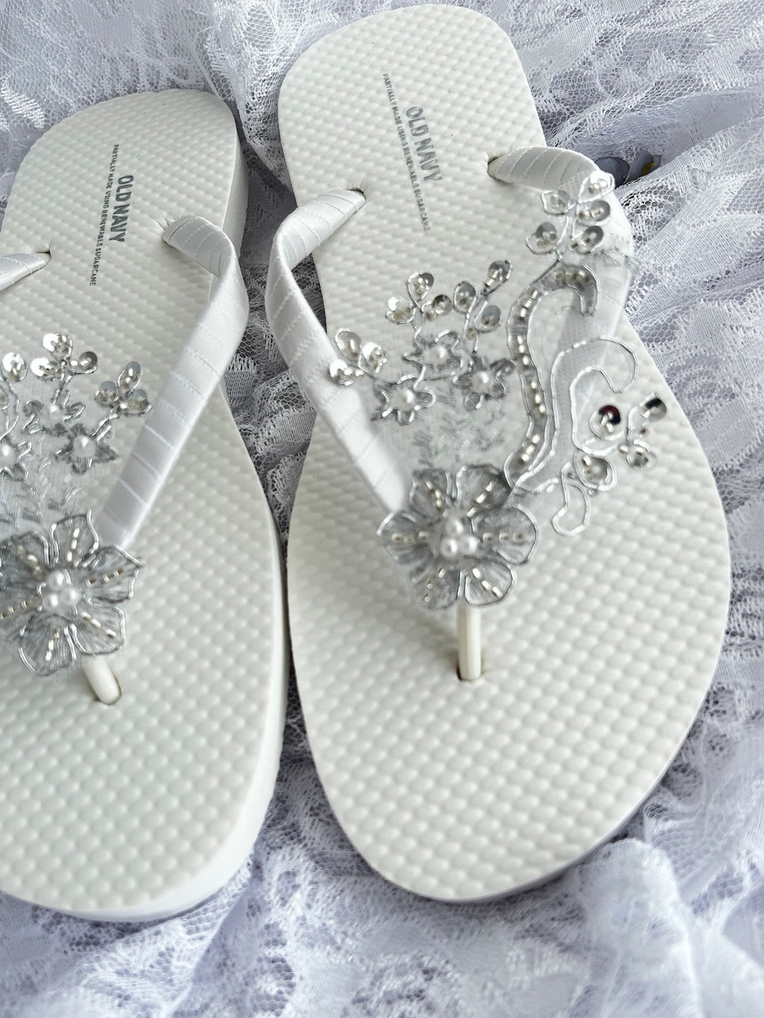 White Beaded Lace Flip Flop Bridal Sandals, Wedding Sandals, Beach ...