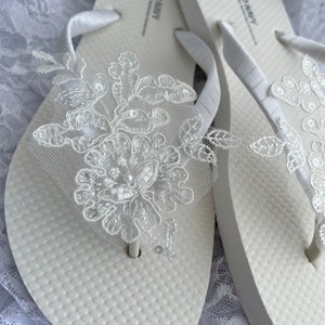 White Lace Bridal Flip Flops, White Lace With Pearls and Sequins Flip ...