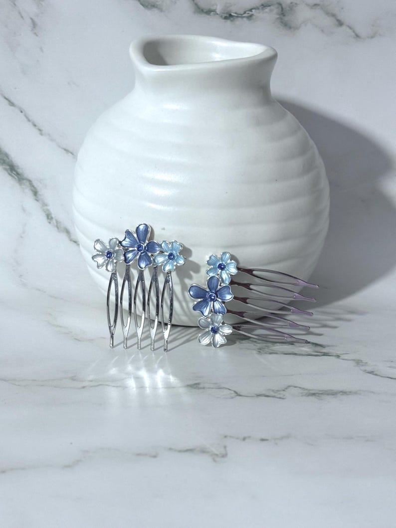 Blue Enamel Flower Hair Comb Set: Bridal Wedding Hair Accessory, Forget ...