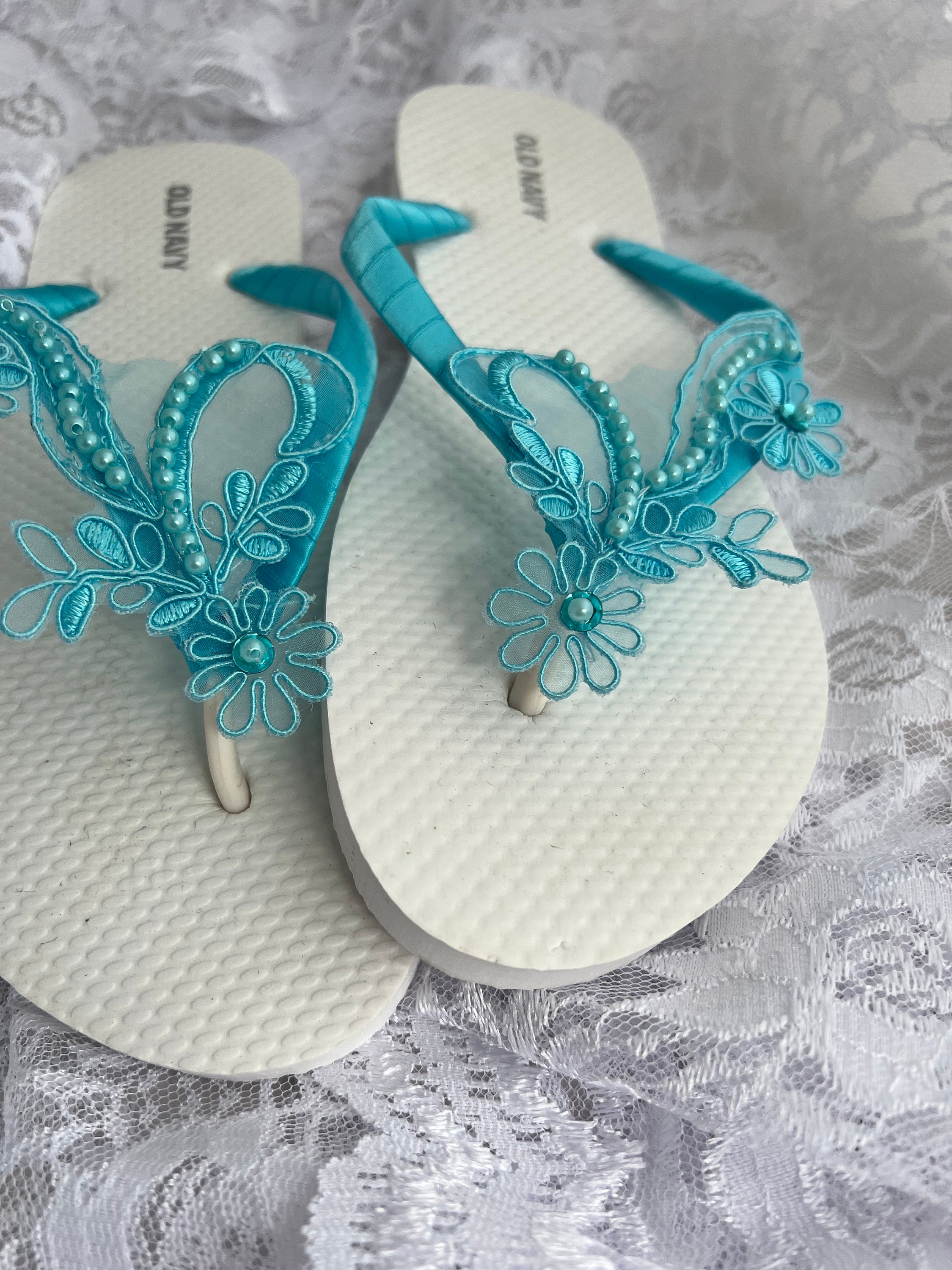 Turquoise Lace Flip Flop Bridal Sandals Lace Pearl Wedding - Etsy