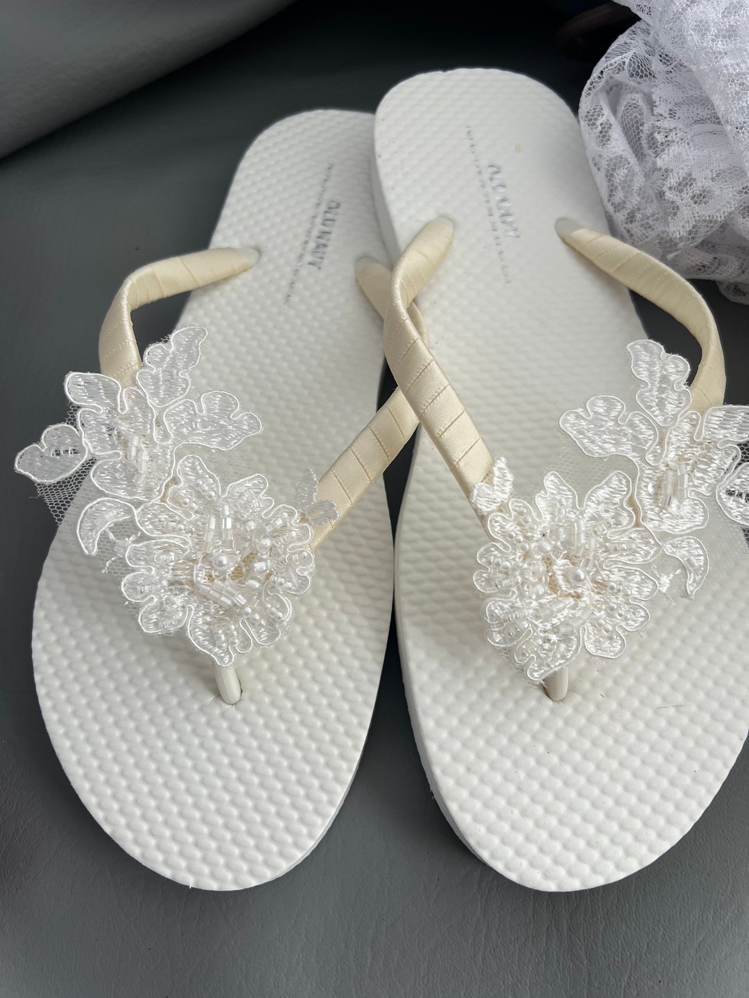 Ivory Lace Flip Flop, Ivory Beaded Bridal Sandals, Lace Pearl Wedding ...