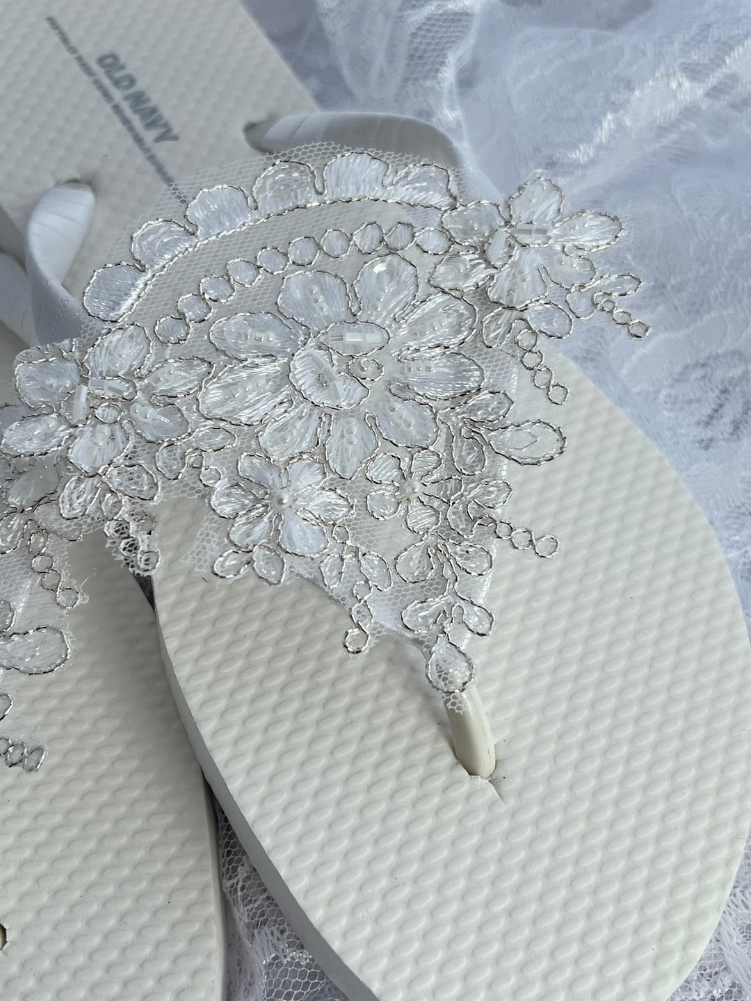 White Beaded Lace Flip Flop, White With Silver Edge Bridal Sandals ...