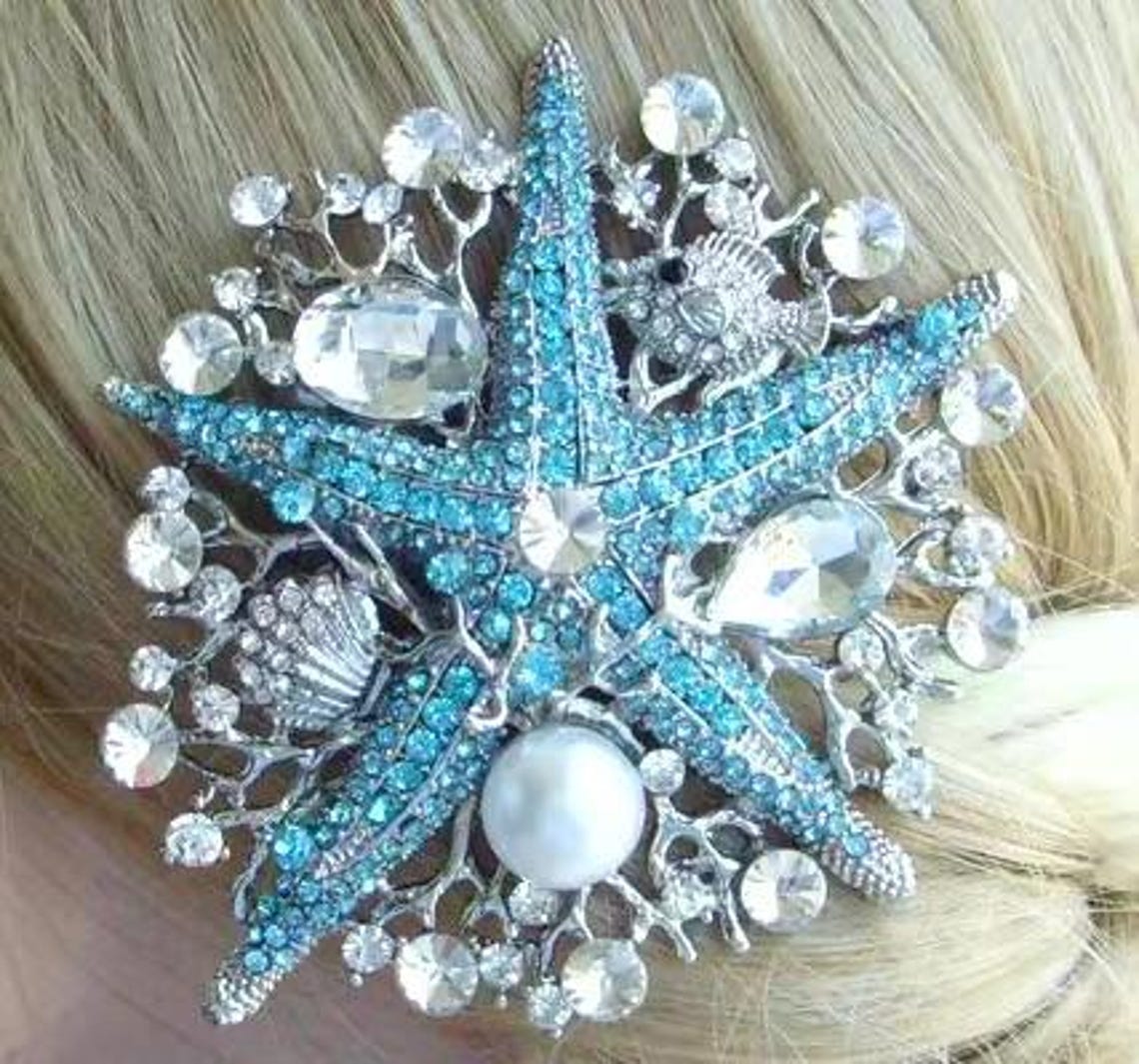 Turquoise Starfish With A Pearl Hair Comb, Ocean Hair Comb, Turquoise ...