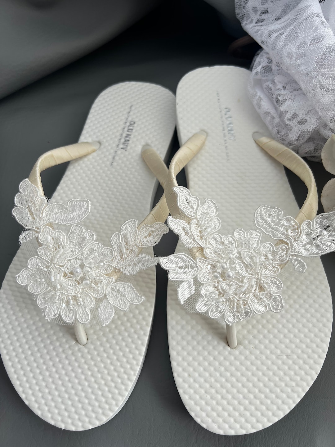 Bride Ivory Lace Flip Flop, Ivory Beaded Bridal Sandals, Lace Pearl ...
