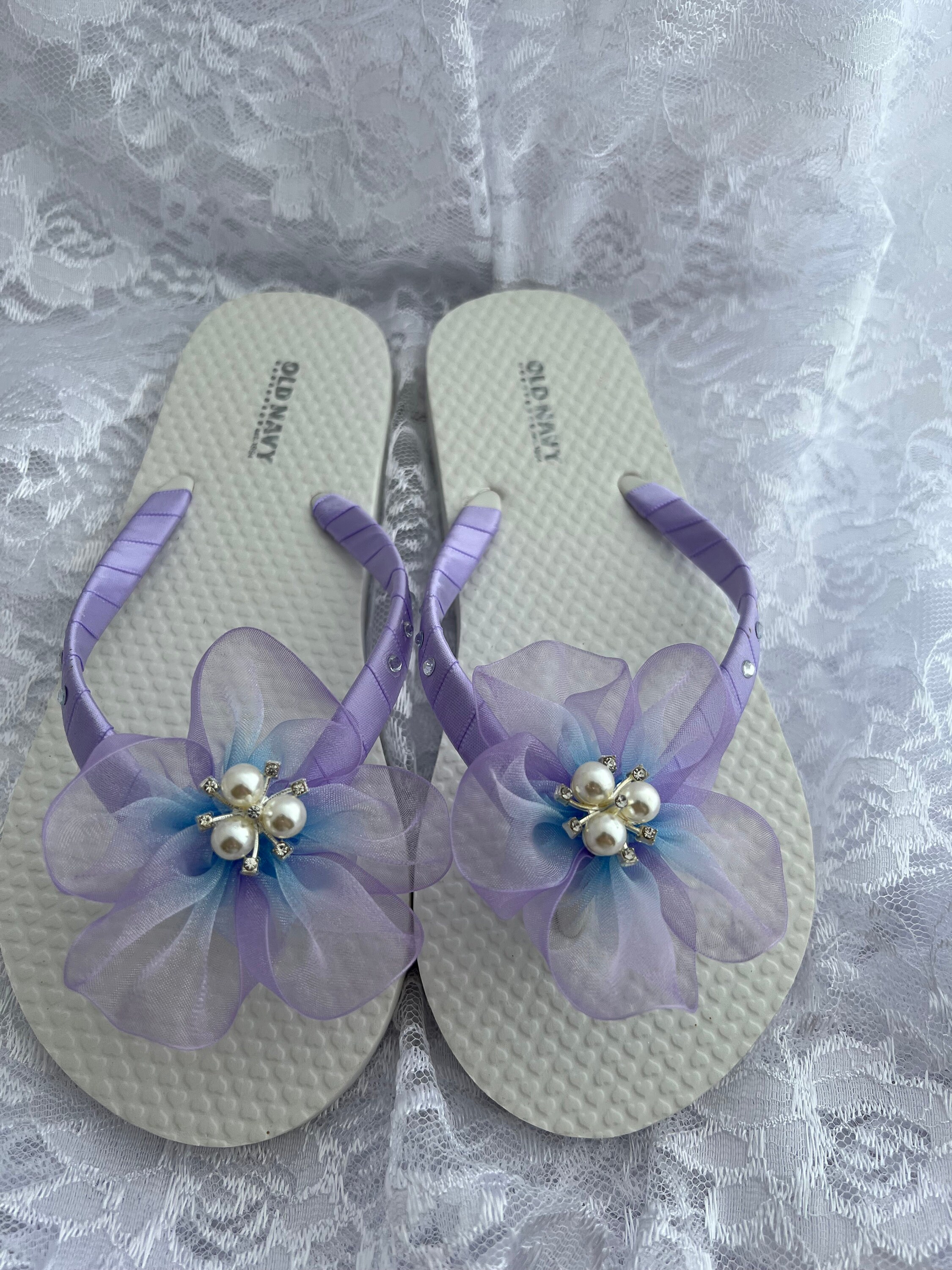 Lavender Wedding Flip Flops, Beaded Rhinestone Flower, Bridal Sandals ...