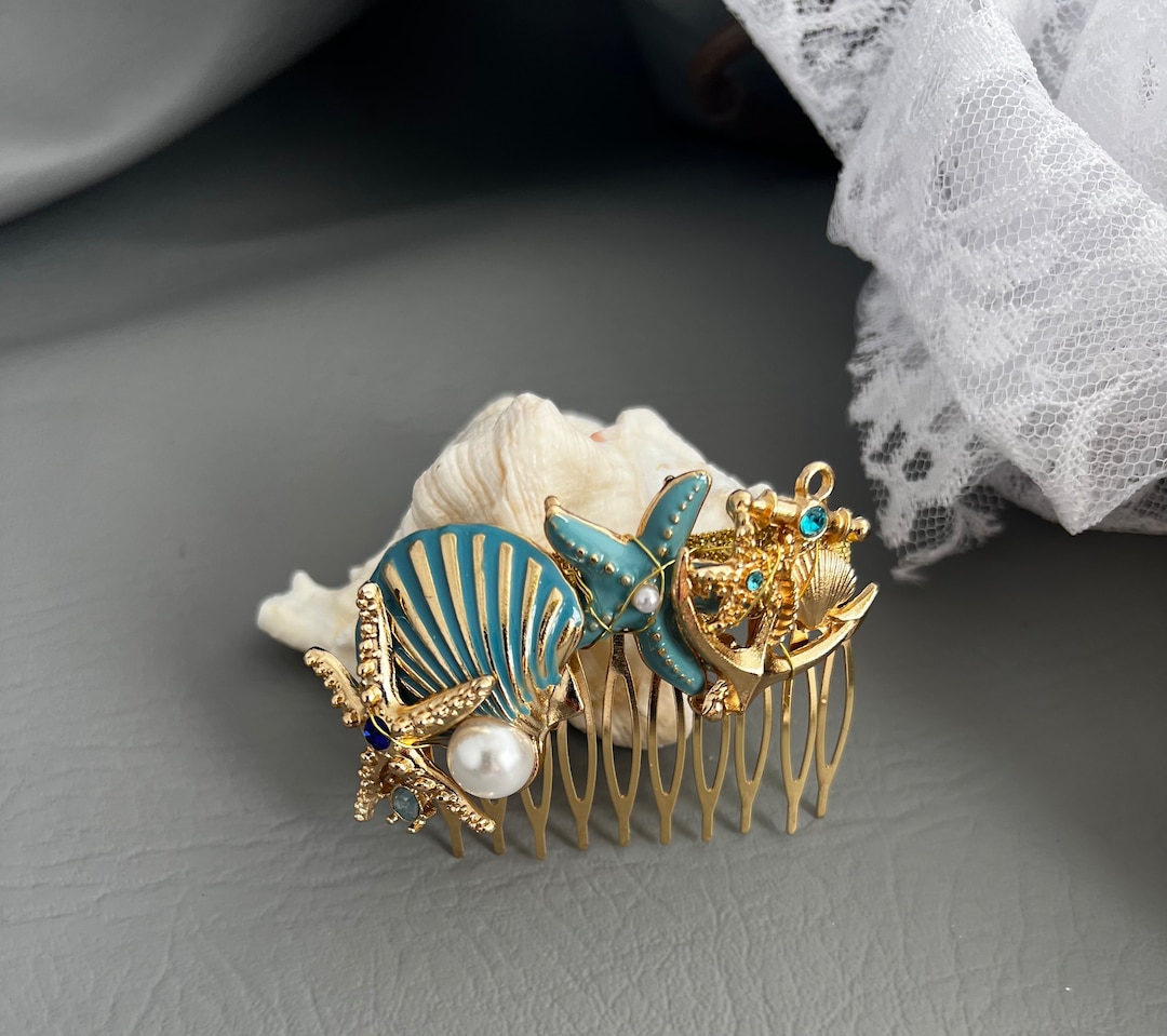 Under the Sea Gold Hair Comb, Beach Wedding Turquoise Starfish, Sea ...