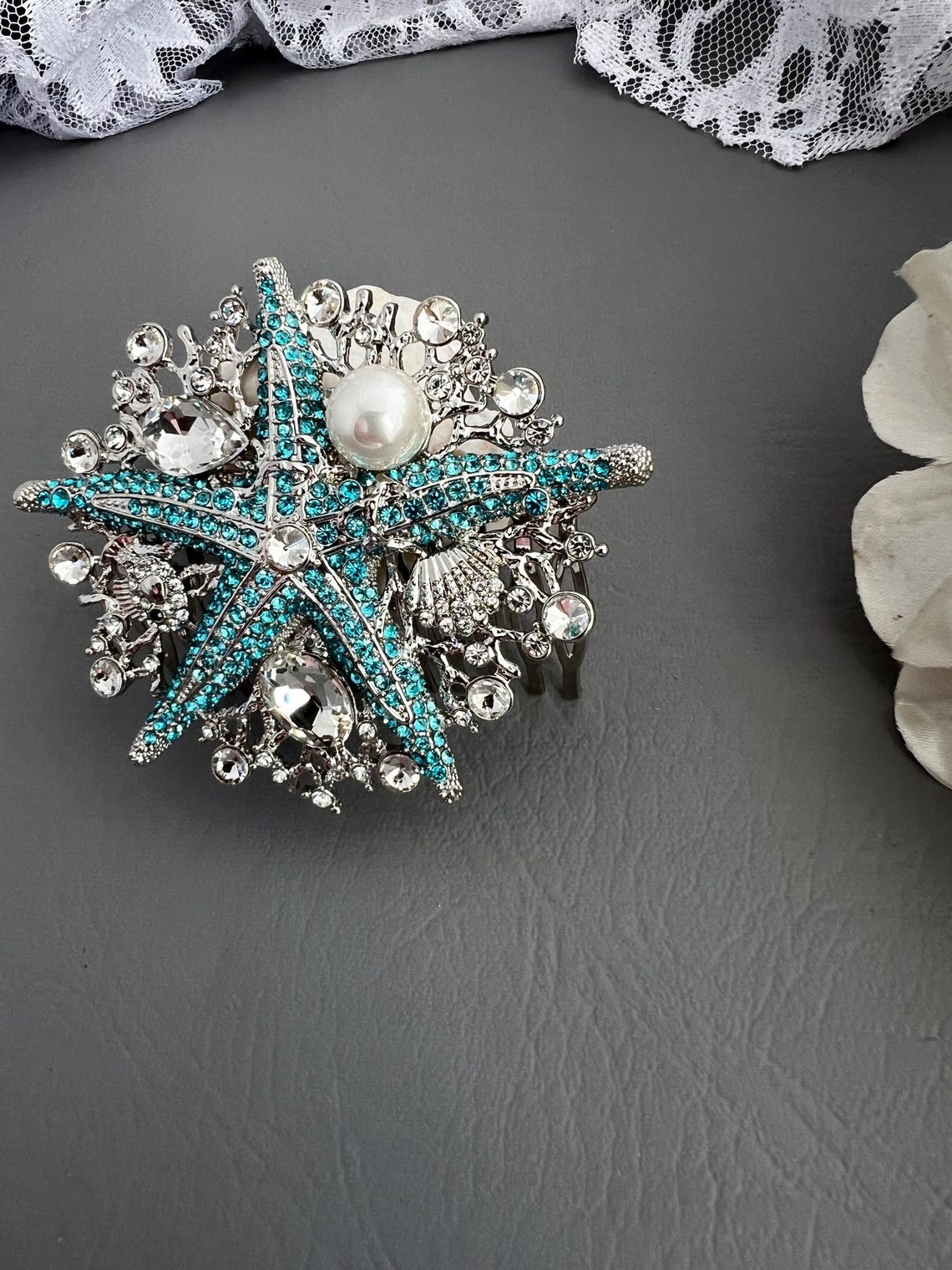 Turquoise Starfish With A Pearl Hair Comb, Ocean Hair Comb, Turquoise ...