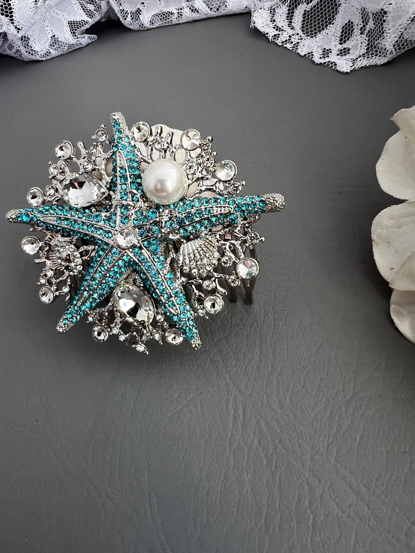 Turquoise Starfish With A Pearl Hair Comb, Ocean Hair Comb, Turquoise ...