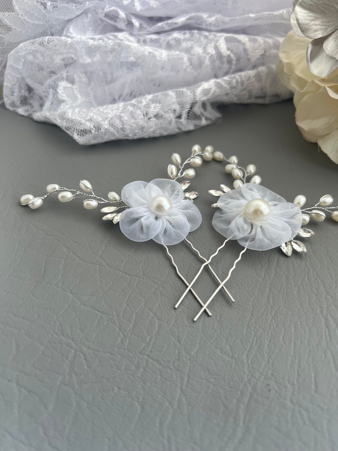 Pearl Hair Pin, White Bridal Organza Flower Hair Pin With Pearls ...