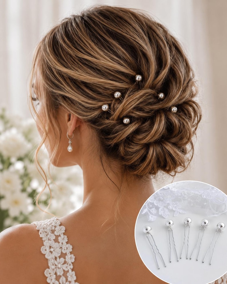 Silver Hematite Hair Pins Set of 5, Bridal Hair Accessories, Metallic ...