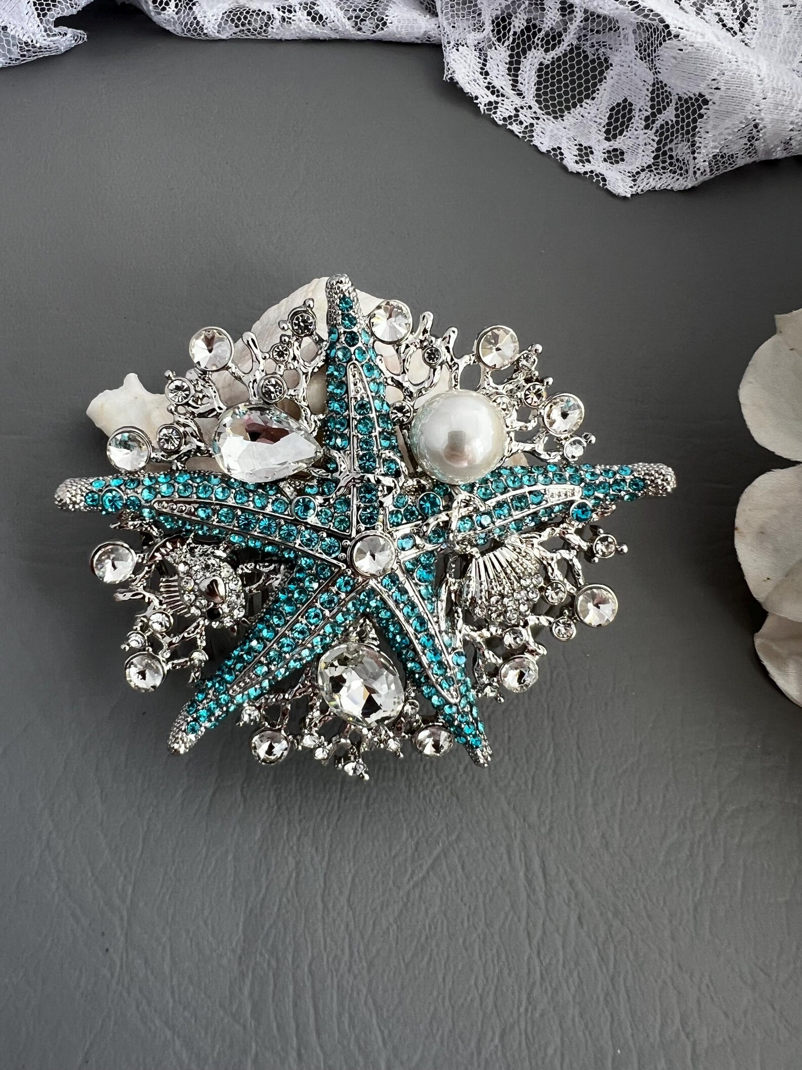Turquoise Starfish With A Pearl Hair Comb, Ocean Hair Comb, Turquoise ...