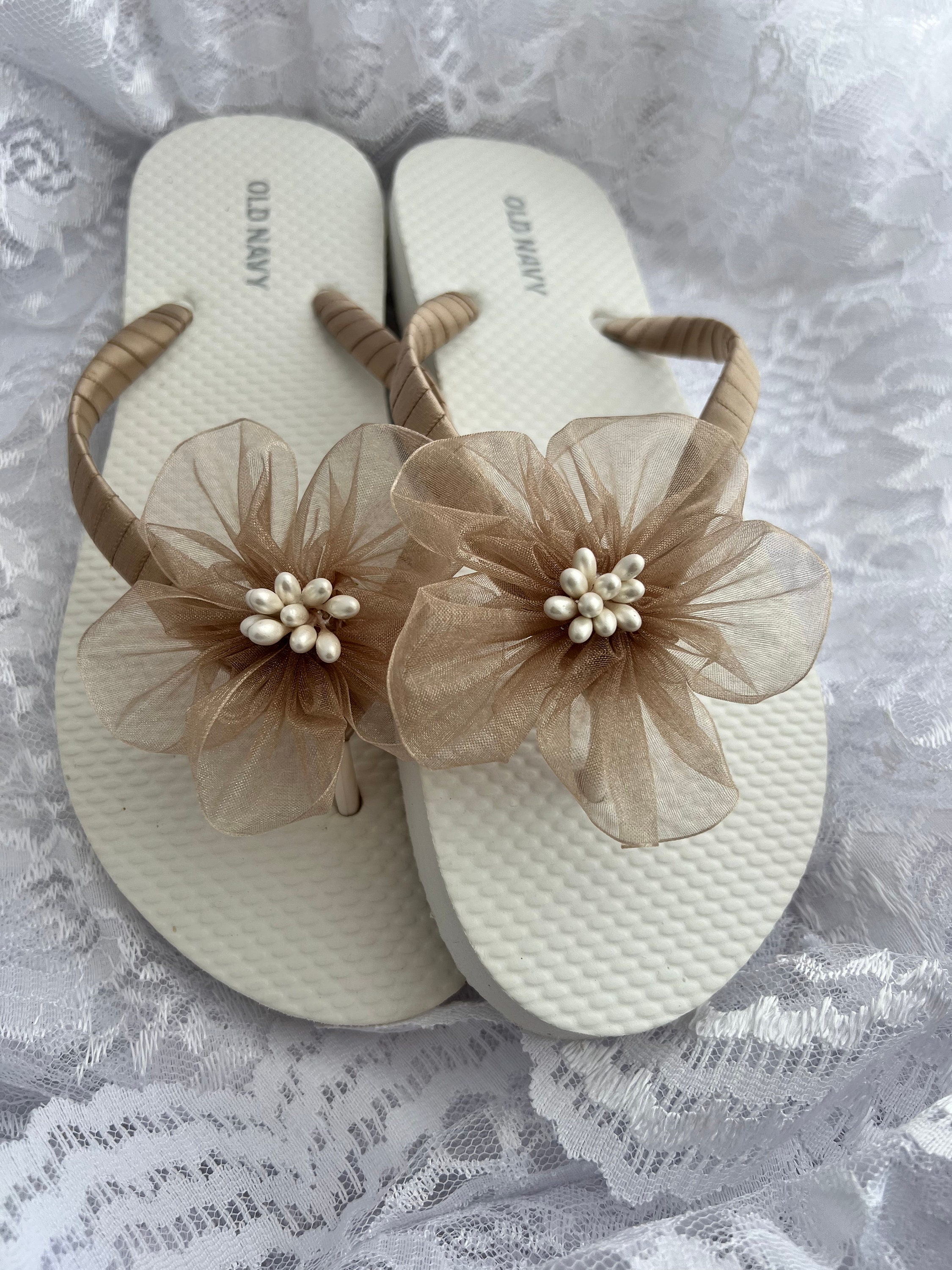 Toffee Organza Flower Bridal Flip Flop, Toffee Flower Bridal Sandals ...