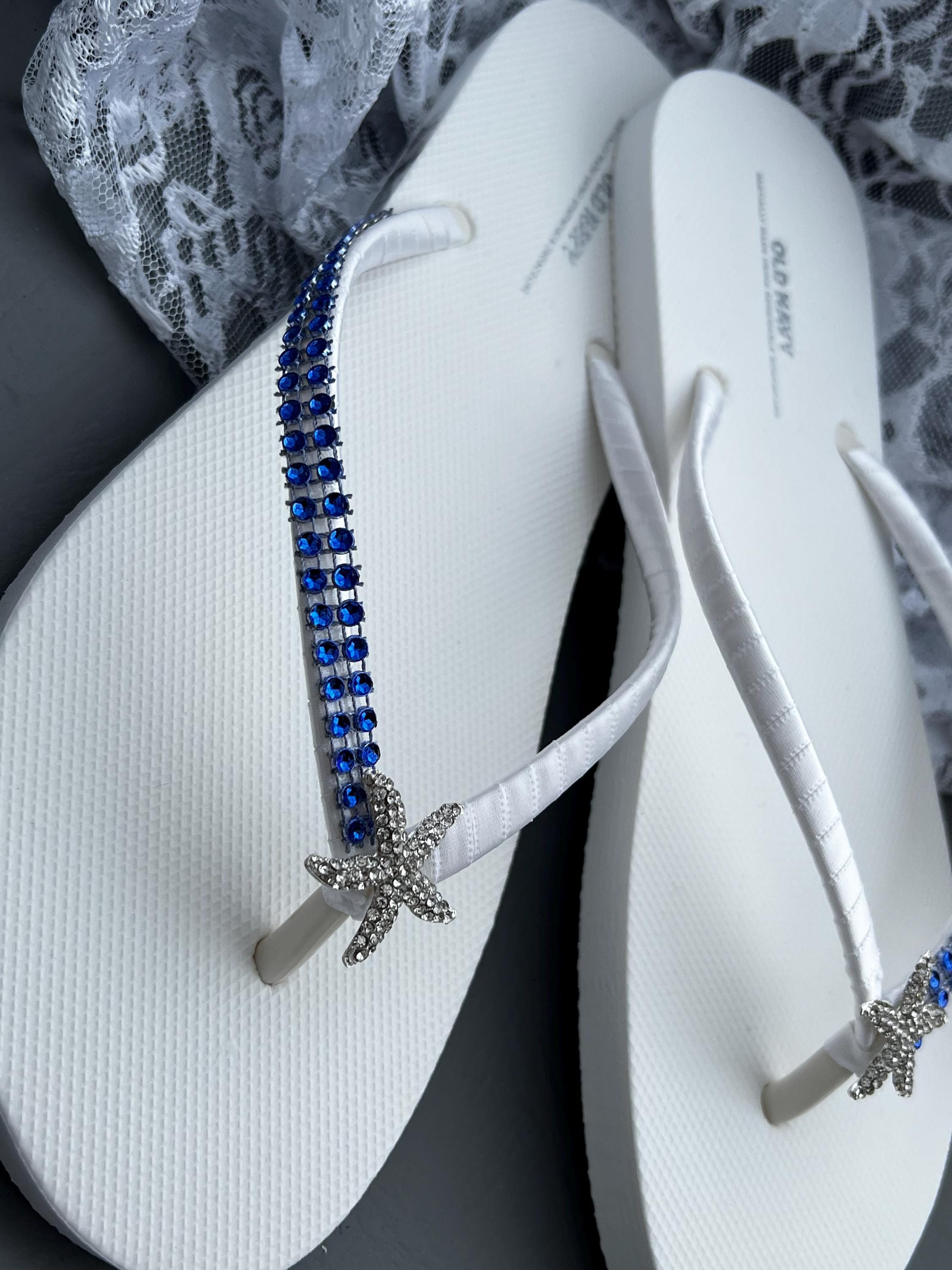 White Bridal Flip Flops With Royal Blue Rhinestone Starfish - Etsy