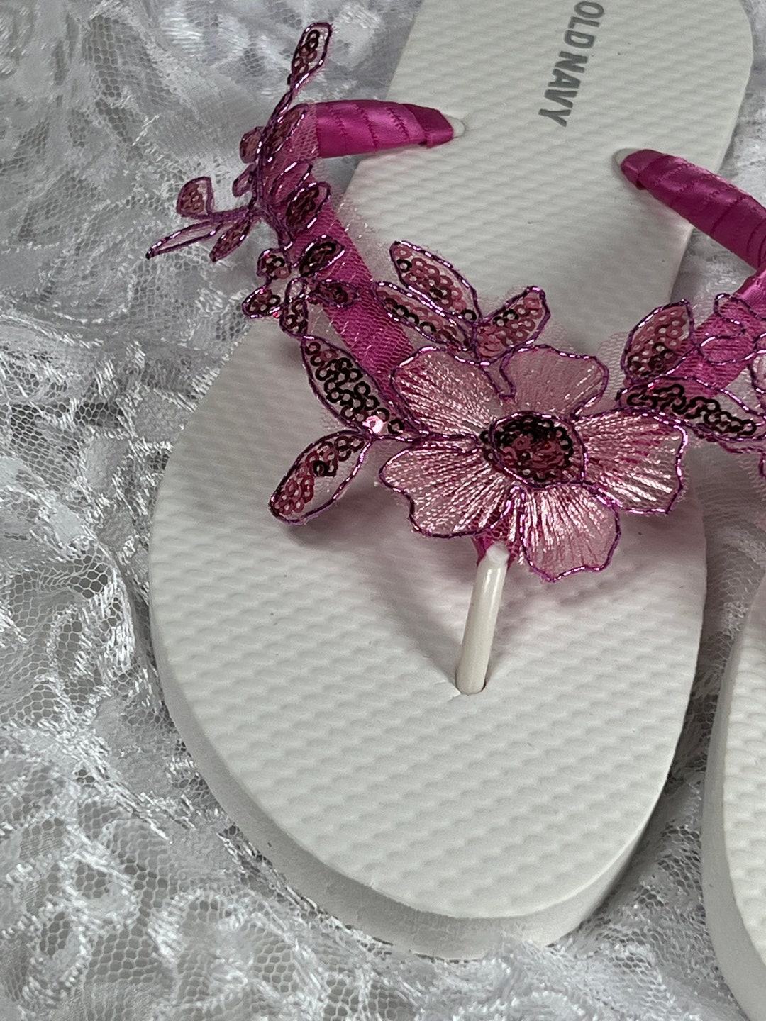Pink Lace Bridal Flip Flops, Iridescent Wedding Sandals - Etsy