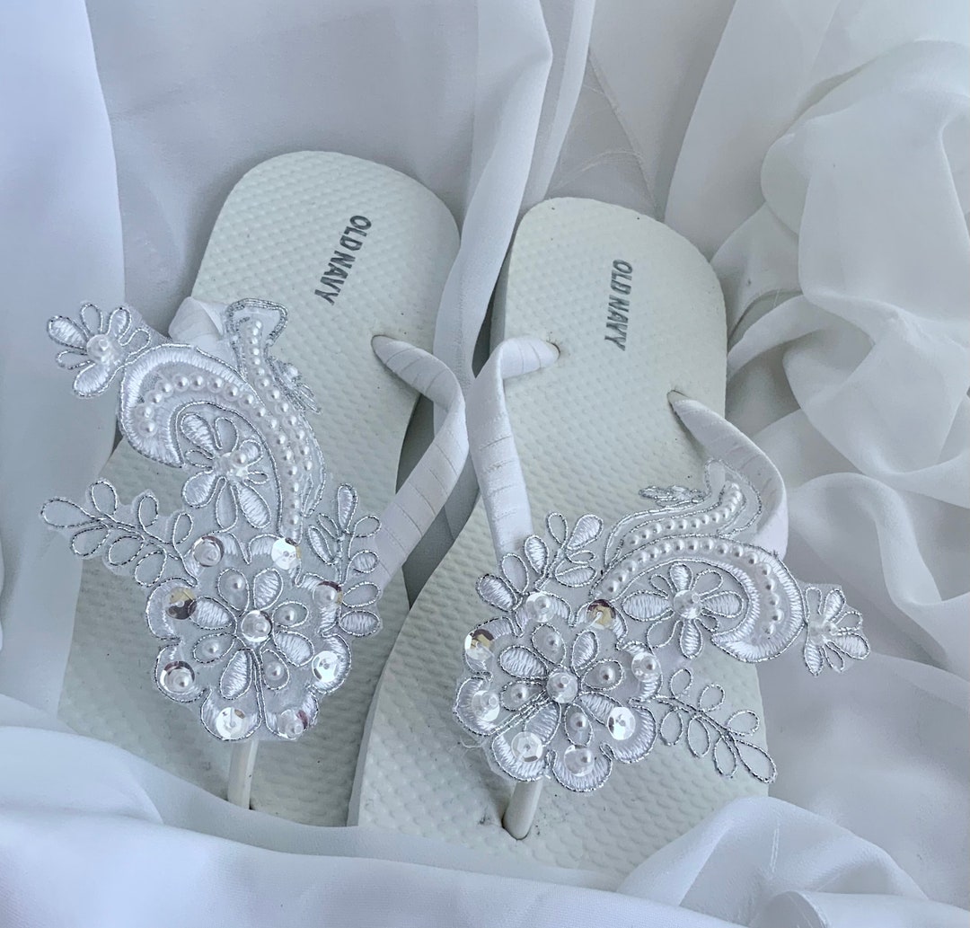 White Lace Flip Flop, White With Silver Edge Bridal Sandals, Lace Pearl ...